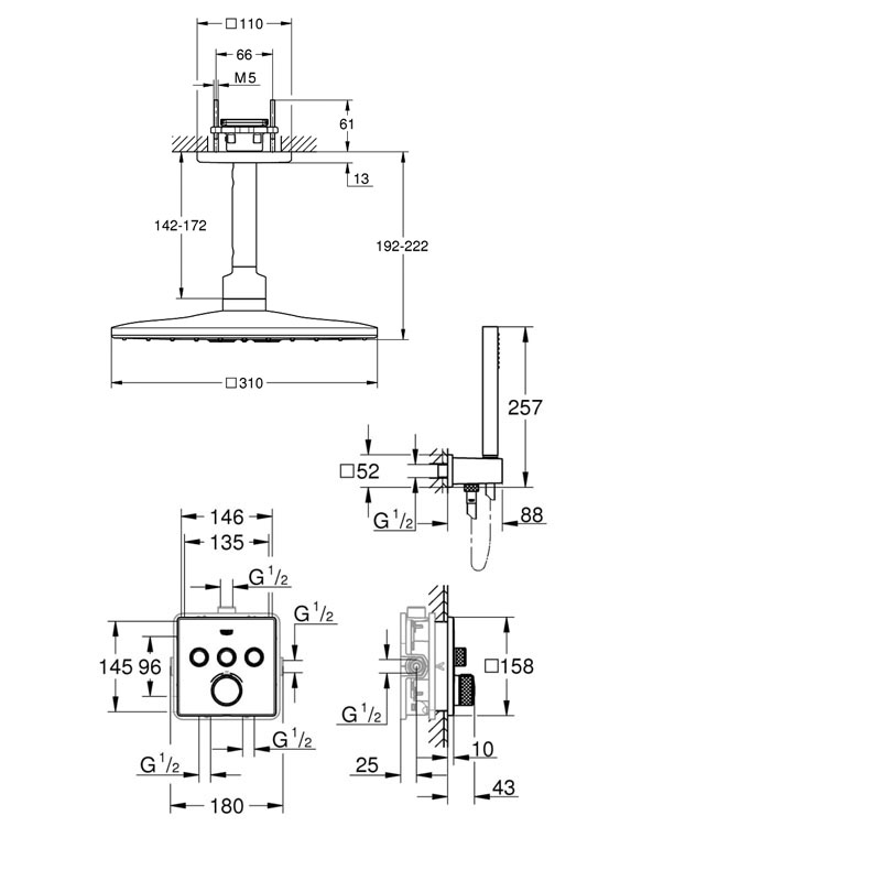 Grohe Grohtherm SmartControl Cube 310 til indbygning til loft i messing ...