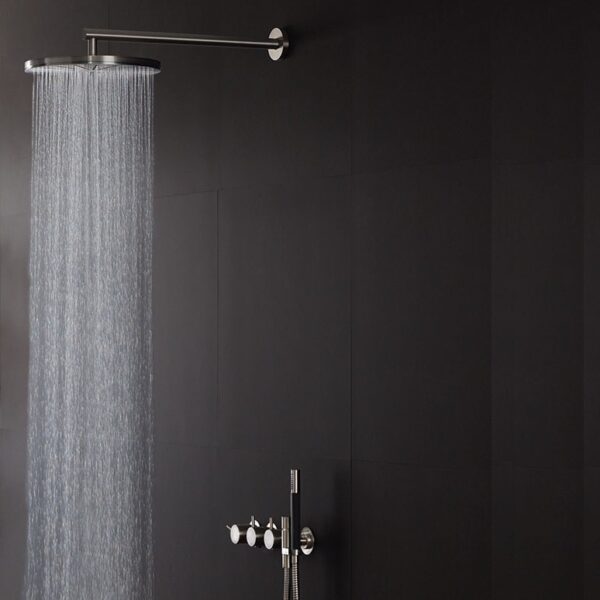 Vola 5471R-051 brusearmatur til indbygning med termostat og håndbruser i messing natur