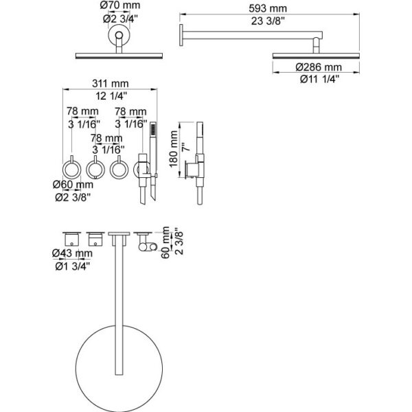 Vola 5471R-051 brusearmatur til indbygning med termostat og håndbruser i messing natur